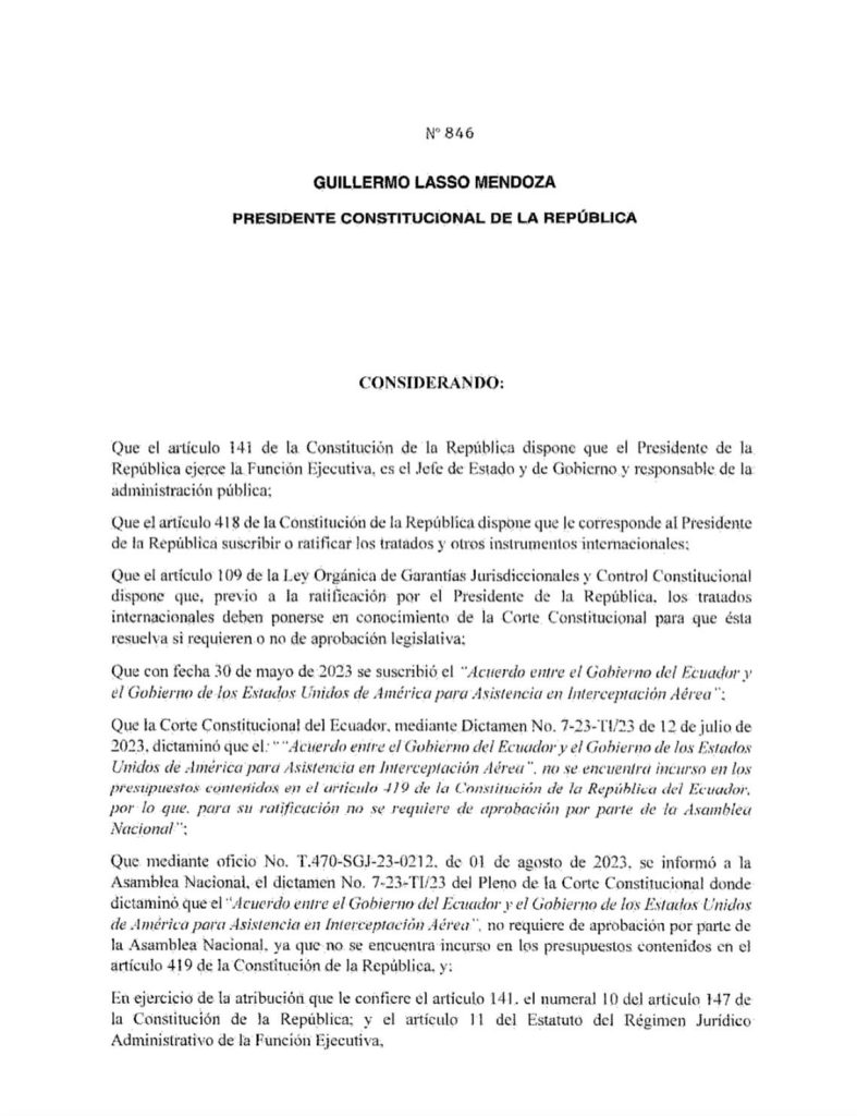 Ecuador ratifica acuerdo de Cooperación con EE.UU. interceptación aérea Ecuador ratifica acuerdo de Cooperación con EE.UU. interceptación aérea